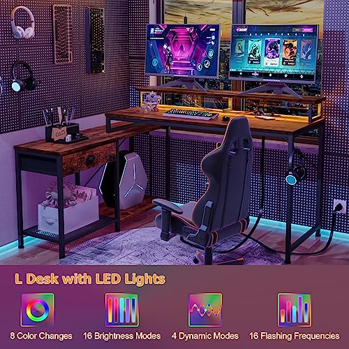 Furologee L Shaped Computer Desk with Drawer, Reversible Corner Desk/83 Long Desk with LED Lights & Power Outlets, Home Office Gaming Table with 2 Shelves and Monitor Stand-(47.2+39.4) in