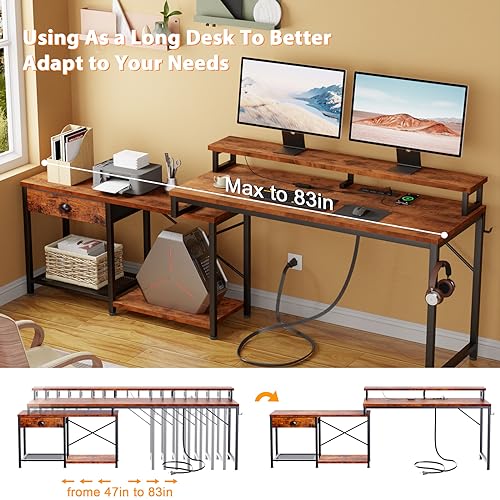 Furologee L Shaped Computer Desk with Drawer, Reversible Corner Desk/83 Long Desk with LED Lights & Power Outlets, Home Office Gaming Table with 2 Shelves and Monitor Stand-(47.2+39.4) in