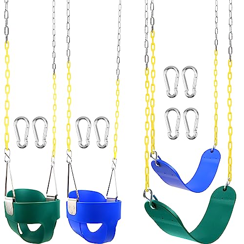 Puteraya 4 Pack High Back Full Bucket Swing Seat and Kids Swing Board Seat with Plastic Coated Chains and Carabiner for Baby Boys Girls Backyard Playground Outdoor Playset