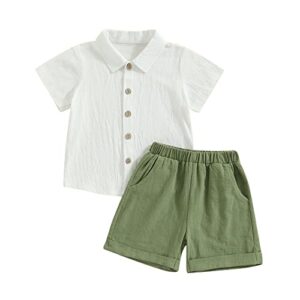 karuedoo toddler baby boy clothes cotton linen short sleeve button down shirt shorts set 2pcs summer outfits (a-white green, 3-4 years)