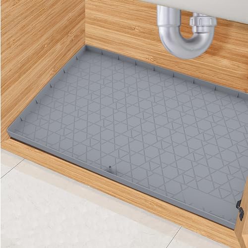 Under Sink Mat for Kitchen Waterproof, 34" x 22" Flexible Silicone Under Sink Liner with Drain Hole, Hold up to 3 Gallons of Liquids, Cabinet Protector Mats for Kitchen Bathroom Drip Tray, Grey