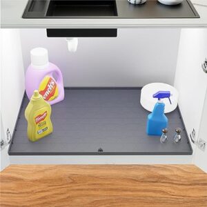 Under Sink Mat for Kitchen Waterproof, 34" x 22" Flexible Silicone Under Sink Liner with Drain Hole, Hold up to 3 Gallons of Liquids, Cabinet Protector Mats for Kitchen Bathroom Drip Tray, Grey