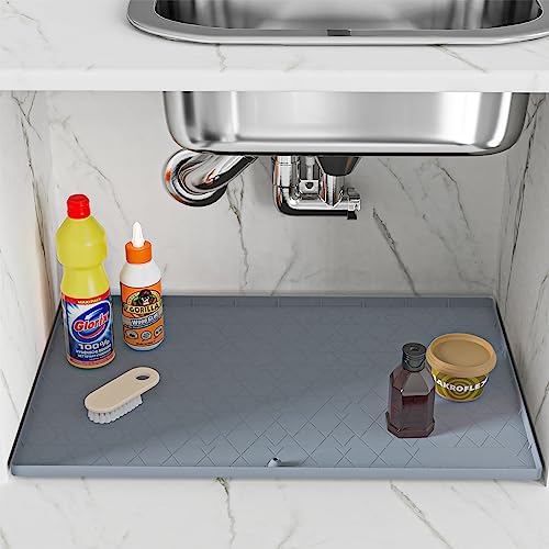 Under Sink Mat for Kitchen Waterproof, 34" x 22" Flexible Silicone Under Sink Liner with Drain Hole, Hold up to 3 Gallons of Liquids, Cabinet Protector Mats for Kitchen Bathroom Drip Tray, Grey