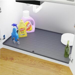 Under Sink Mat for Kitchen Waterproof, 34" x 22" Flexible Silicone Under Sink Liner with Drain Hole, Hold up to 3 Gallons of Liquids, Cabinet Protector Mats for Kitchen Bathroom Drip Tray, Grey