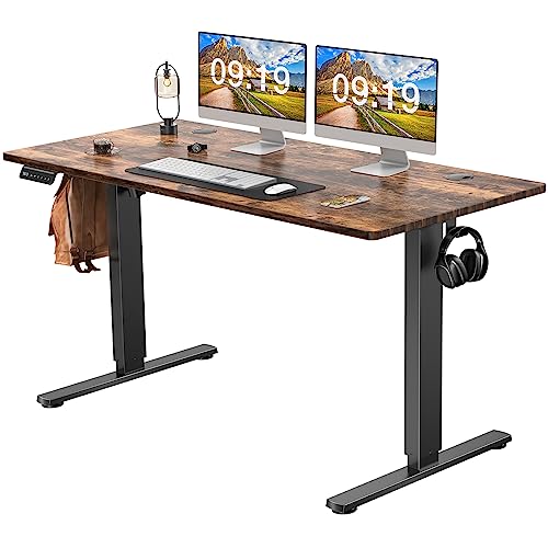 Sweetcrispy Height Adjustable Electric Ergonomic Design 55 x 24 Inch, Sit Desk with Splice Board, Standing Table Black Frame/Rustic Brown Desktop for Home Office, 4824in-2 Drawers