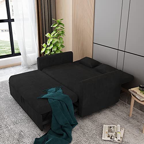 LEVNARY 55" Pull-Out Sofa Bed, Small Convertible Couch Bed with Adjustable Backrest, Modern Tufted Sleeper Sofa Velvet Loveseat with 2 Pillows for Living Room Apartment (Black)