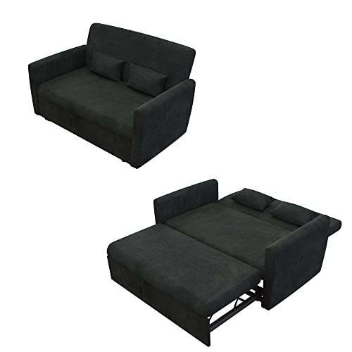 LEVNARY 55" Pull-Out Sofa Bed, Small Convertible Couch Bed with Adjustable Backrest, Modern Tufted Sleeper Sofa Velvet Loveseat with 2 Pillows for Living Room Apartment (Black)