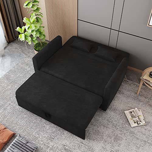 LEVNARY 55" Pull-Out Sofa Bed, Small Convertible Couch Bed with Adjustable Backrest, Modern Tufted Sleeper Sofa Velvet Loveseat with 2 Pillows for Living Room Apartment (Black)