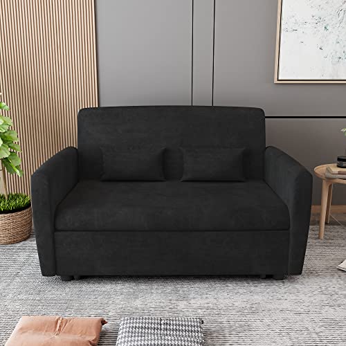 LEVNARY 55" Pull-Out Sofa Bed, Small Convertible Couch Bed with Adjustable Backrest, Modern Tufted Sleeper Sofa Velvet Loveseat with 2 Pillows for Living Room Apartment (Black)