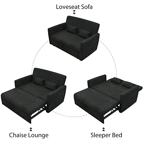 LEVNARY 55" Pull-Out Sofa Bed, Small Convertible Couch Bed with Adjustable Backrest, Modern Tufted Sleeper Sofa Velvet Loveseat with 2 Pillows for Living Room Apartment (Black)