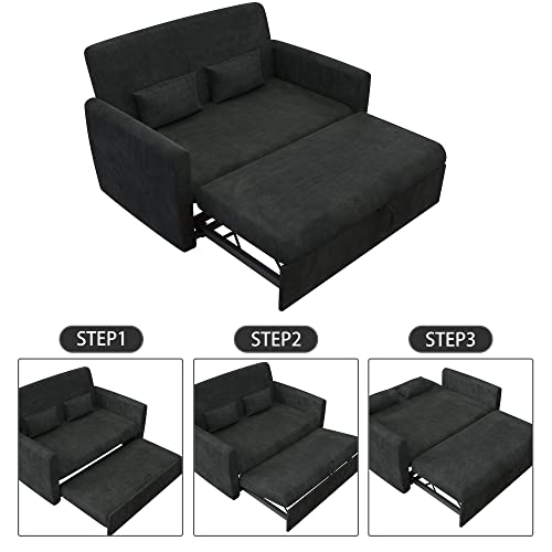 LEVNARY 55" Pull-Out Sofa Bed, Small Convertible Couch Bed with Adjustable Backrest, Modern Tufted Sleeper Sofa Velvet Loveseat with 2 Pillows for Living Room Apartment (Black)