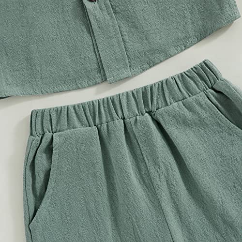 FYBITBO Toddler Baby Boy Summer Linen Shorts Outfits Solid Short Sleeve Button Down T-Shirt and Casual Shorts Clothes Set (Green, 18-24 Months)