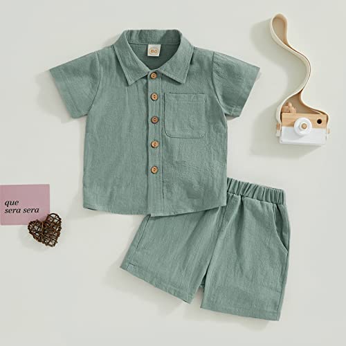 FYBITBO Toddler Baby Boy Summer Linen Shorts Outfits Solid Short Sleeve Button Down T-Shirt and Casual Shorts Clothes Set (Green, 18-24 Months)