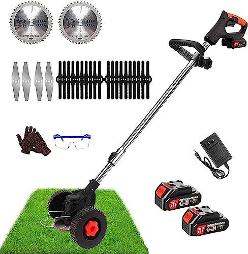 Weed Wacker, 21V Electric Cordless Weed Eater Lightweight Grass Trimmer/Lawn Edger/Mower/Brush Cutter with 21V/2.0Ah Battery, Push Wheeled Weed Brush Cutter No String Trimmer for Yard and Garden