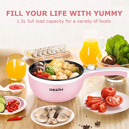 Dezin Hot Pot Electric with Steamer Upgraded, Non-Stick Sauté Pan, Rapid Noodles Electric Pot, 1.5L Mini Pot for Steak, Egg, Fried Rice, Ramen, Oatmeal, Soup with Power Adjustment (Egg Rack Included)