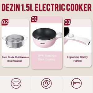 Dezin Hot Pot Electric with Steamer Upgraded, Non-Stick Sauté Pan, Rapid Noodles Electric Pot, 1.5L Mini Pot for Steak, Egg, Fried Rice, Ramen, Oatmeal, Soup with Power Adjustment (Egg Rack Included)