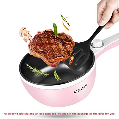 Dezin Hot Pot Electric with Steamer Upgraded, Non-Stick Sauté Pan, Rapid Noodles Electric Pot, 1.5L Mini Pot for Steak, Egg, Fried Rice, Ramen, Oatmeal, Soup with Power Adjustment (Egg Rack Included)