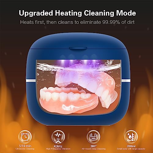 Voraiya® Dental Ultrasonic Denture Cleaner with Heating,42kHz Ultrasonic Cleaner Machine,for Dentures Jewelry Retainer Aligner Mouth Guard Toothbrush Head,Dental Pod,5/10 Min Two Heat Cleaning Modes