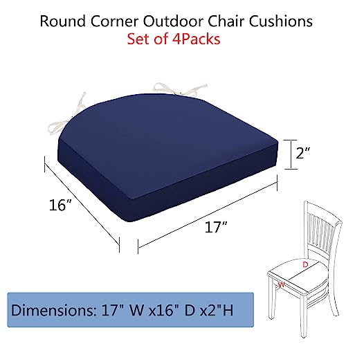 Sqodok Outdoor Chair Cushions 17"x16"x2" Waterproof Patio Cushions for Outdoor Furniture, Round Corner Chair Cushions for Patio Furniture Seat Cushion with Ties Set of 4, Dark Blue