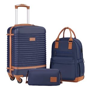 coolife suitcase set 3 piece luggage set carry on travel luggage tsa lock spinner wheels hardshell lightweight luggage set(navy, 3 piece set (bp/tb/20))