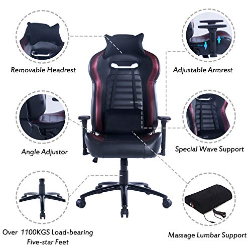 Massage Gaming Chair Big and Tall Gaming Chair - Metal Base High Back Racing Game Chair Computer Chair, Ergonomic Leather Executive Gaming Chair with Headrest and Lumbar Pillow