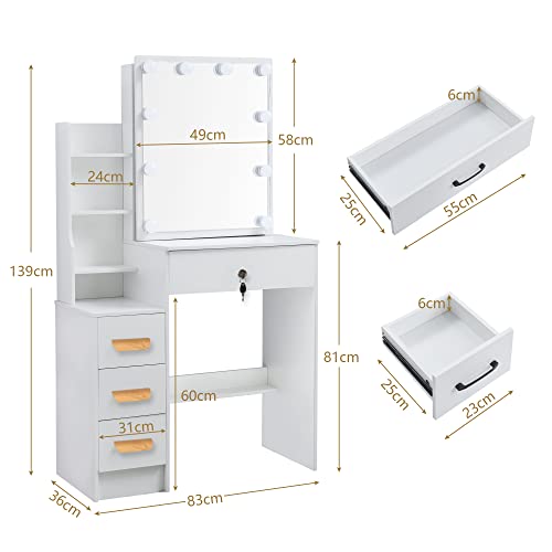 Xinhonglei Vanity Set with Lighted Mirror, Makeup Vanity Dressing Table with 4 Drawers and Cushioned Stool, White Modern Dresser Vanity Table Desk for Girls Bedroom