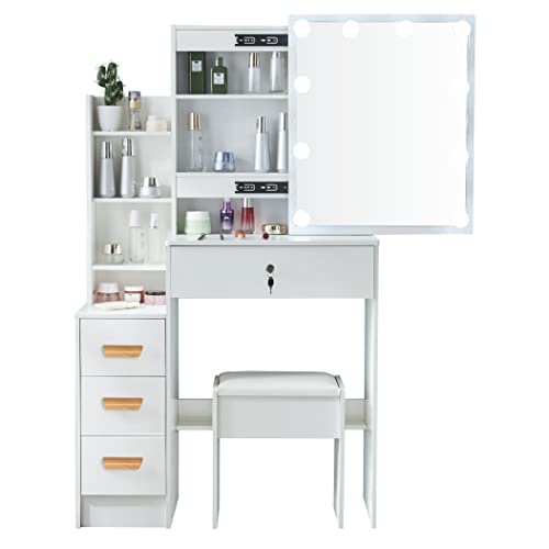 Xinhonglei Vanity Set with Lighted Mirror, Makeup Vanity Dressing Table with 4 Drawers and Cushioned Stool, White Modern Dresser Vanity Table Desk for Girls Bedroom