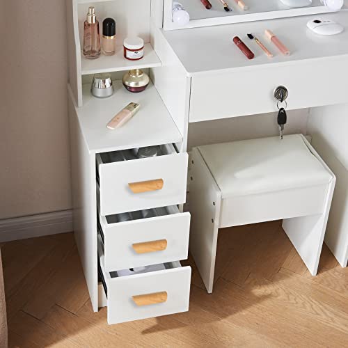 Xinhonglei Vanity Set with Lighted Mirror, Makeup Vanity Dressing Table with 4 Drawers and Cushioned Stool, White Modern Dresser Vanity Table Desk for Girls Bedroom