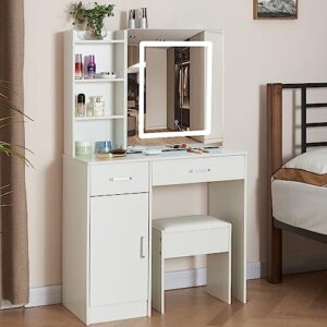 Buildonely Modern Dressing Table Set with Lighted Mirror and Large Tabletop, Vanity Desk Set LED Makeup Table with Touch Screen and Chair for Bedroom, Home, Girls. Women. White