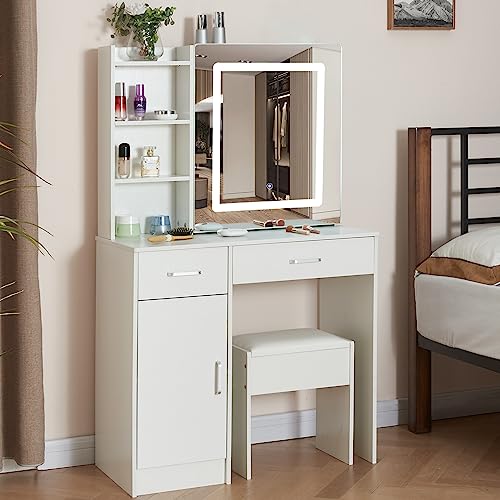 Buildonely Modern Dressing Table Set with Lighted Mirror and Large Tabletop, Vanity Desk Set LED Makeup Table with Touch Screen and Chair for Bedroom, Home, Girls. Women. White