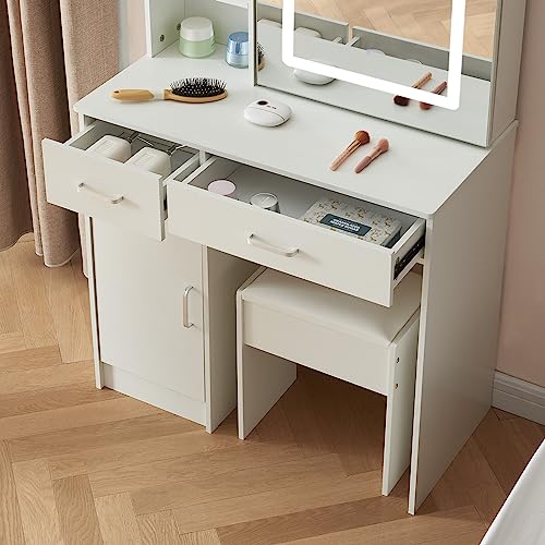 Buildonely Modern Dressing Table Set with Lighted Mirror and Large Tabletop, Vanity Desk Set LED Makeup Table with Touch Screen and Chair for Bedroom, Home, Girls. Women. White