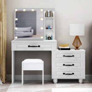 Abesthink Makeup Vanity Table,White Vanity Set with Lighted Mirror,Vanity Desk with Drawers and Lights,Storage Shelves,Vanity with Lights and Mirror Dressing Table for Girls Bedroom