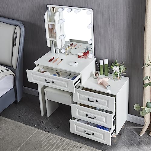 White Vanity Set, Makeup Vanity Desk with Lighted Mirror and Cushioned Stool, Bedroom Set with 4 Drawers and Shelves for Women, Girls