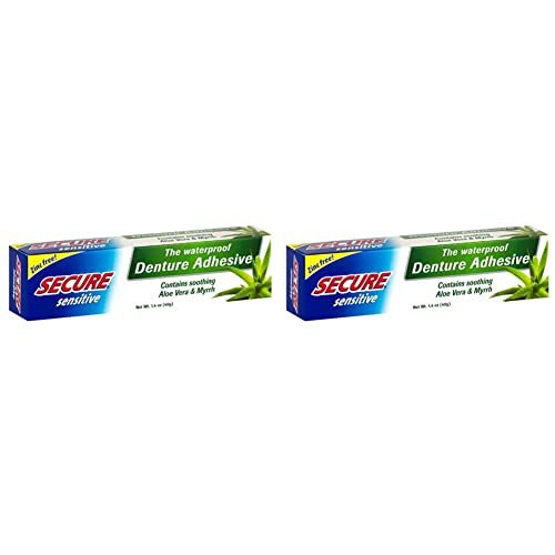 Secure Sensitive Gums Waterproof Denture Adhesive Zinc Free with Aloe Vera & Myrrh - Extra Strong 12 Hour Hold - 1.4 oz (Pack of 2)