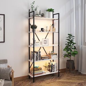 vlsrka 5 tier bookshelf with 3 led lights, industrial bookshelf tall bookshelf vintage etagere bookshelf modern bookcases storage organizer open display shelves for living room bedroom home kitchen