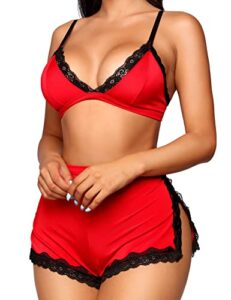 rslove sexy pajama set for women soft lingerie set lace trim sleepwear 2 piece pjs shorts set red m