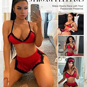 RSLOVE Sexy Pajama Set for Women Soft Lingerie Set Lace Trim Sleepwear 2 piece Pjs Shorts Set Red M