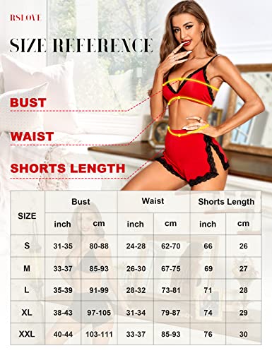 RSLOVE Sexy Pajama Set for Women Soft Lingerie Set Lace Trim Sleepwear 2 piece Pjs Shorts Set Red M