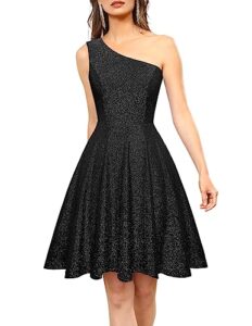 dresstells women's cocktail party dresses, black one shoulder glitter sparkly homecoming dress for teen, summer wedding guest skater dress 2023 m