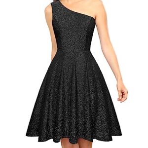 DRESSTELLS Women's Cocktail Party Dresses, Black One Shoulder Glitter Sparkly Homecoming Dress for Teen, Summer Wedding Guest Skater Dress 2023 M