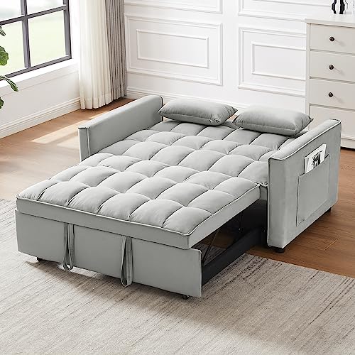 P PURLOVE Upholstered Modern Sofa Bed with Armrest, Convertible Sofa Couch with Adjustable Backrest and 2 Storage Bags, Sleeper Bed for Living Room, Bedroom, Office, Gray