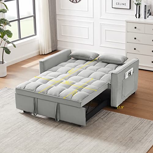 P PURLOVE Upholstered Modern Sofa Bed with Armrest, Convertible Sofa Couch with Adjustable Backrest and 2 Storage Bags, Sleeper Bed for Living Room, Bedroom, Office, Gray