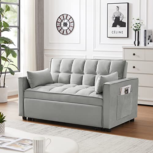 P PURLOVE Upholstered Modern Sofa Bed with Armrest, Convertible Sofa Couch with Adjustable Backrest and 2 Storage Bags, Sleeper Bed for Living Room, Bedroom, Office, Gray