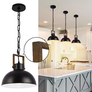 industrial pendant light fixtures for kitchen island, black 10.6" adjustable modern hammered shade pendant light, farmhouse hanging lighting for living room, entryway, dining room, restaurant