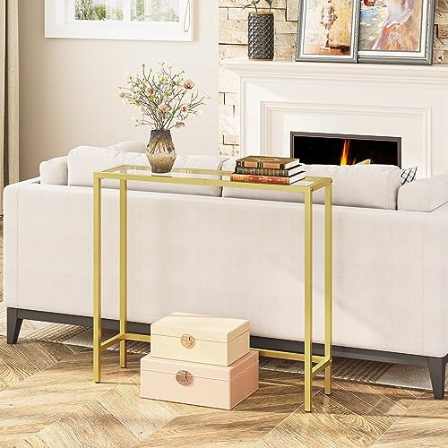 HOOBRO 29.5" Narrow Console Table, Tempered Glass Sofa Table, Small Side Table, Modern Entryway Table, for Entrance, Living Room, Foyer, Hallway Bedroom, Gold GD71XG01