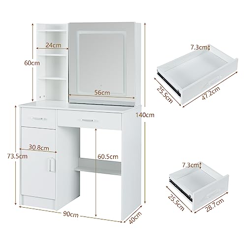 Vanity Set Dressing Table with Lighted Mirror, Modern Storage Makeup Table with 5 Drawers and Stool,White (H3071LED)