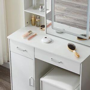 Vanity Set Dressing Table with Lighted Mirror, Modern Storage Makeup Table with 5 Drawers and Stool,White (H3071LED)