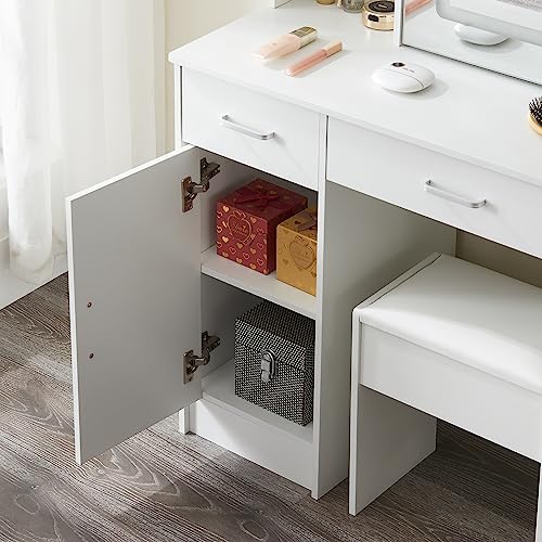 Vanity Set Dressing Table with Lighted Mirror, Modern Storage Makeup Table with 5 Drawers and Stool,White (H3071LED)