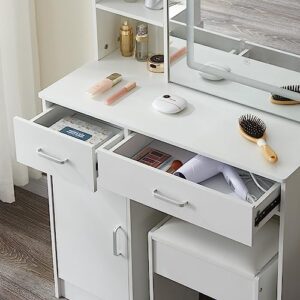 Vanity Set Dressing Table with Lighted Mirror, Modern Storage Makeup Table with 5 Drawers and Stool,White (H3071LED)