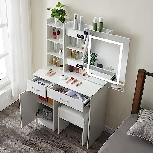 Vanity Set Dressing Table with Lighted Mirror, Modern Storage Makeup Table with 5 Drawers and Stool,White (H3071LED)